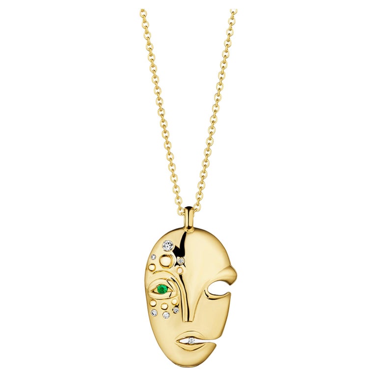Mask Pendant in 18K Gold with Emerald and Diamond For Sale at 1stDibs