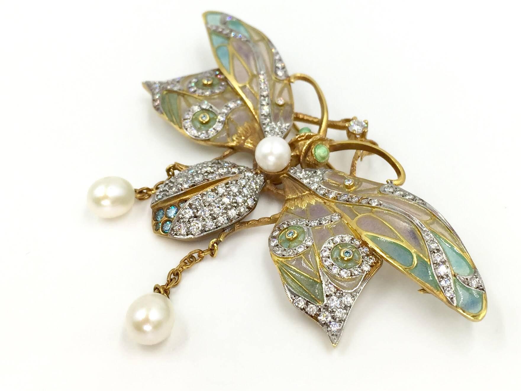 Masriera 18K Dragonfly Diamond and Pearl Pendant Brooch 1.62 Diamond ...