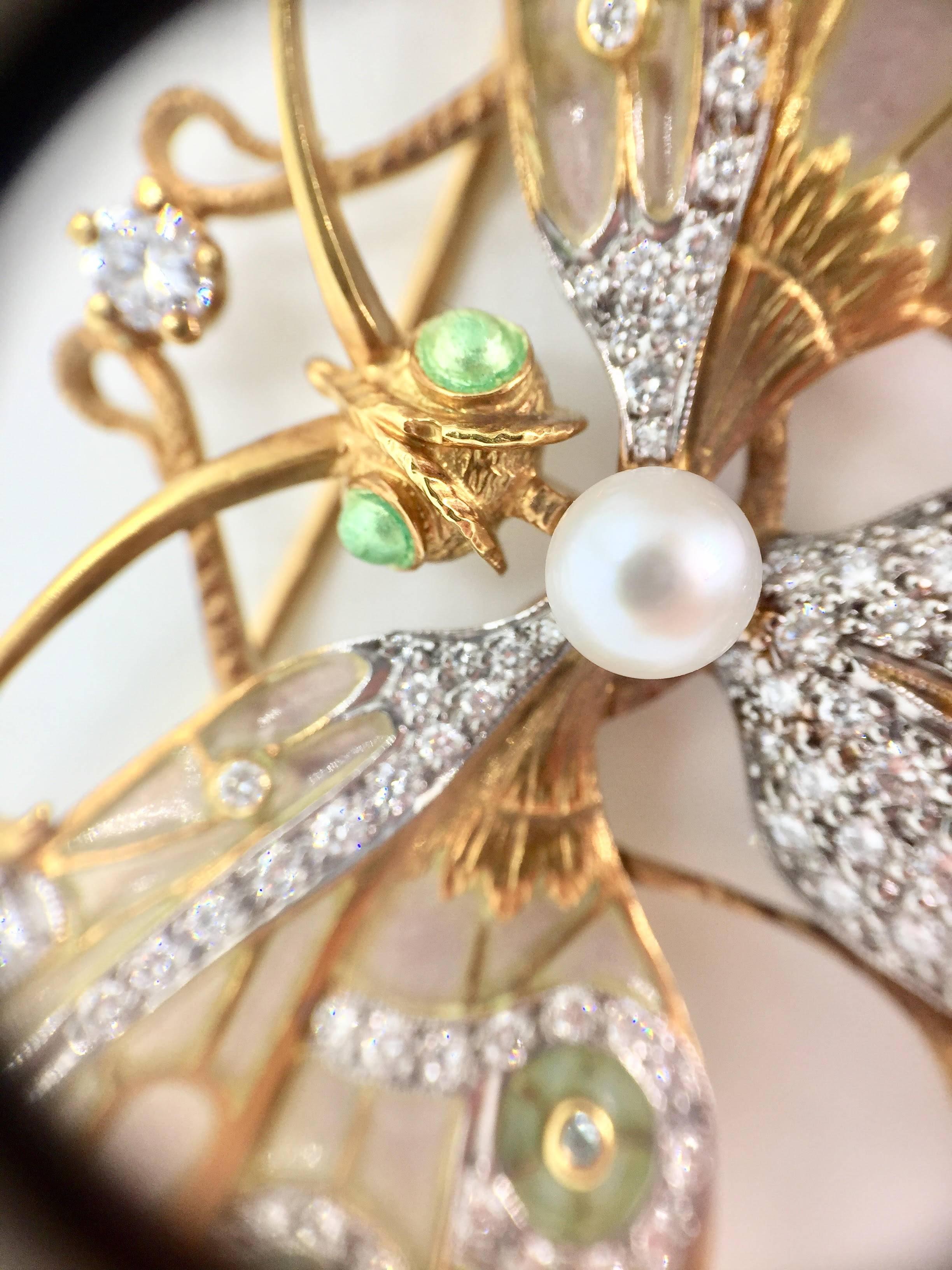 Masriera 18K Dragonfly Diamond and Pearl Pendant Brooch 1.62 Diamond ...