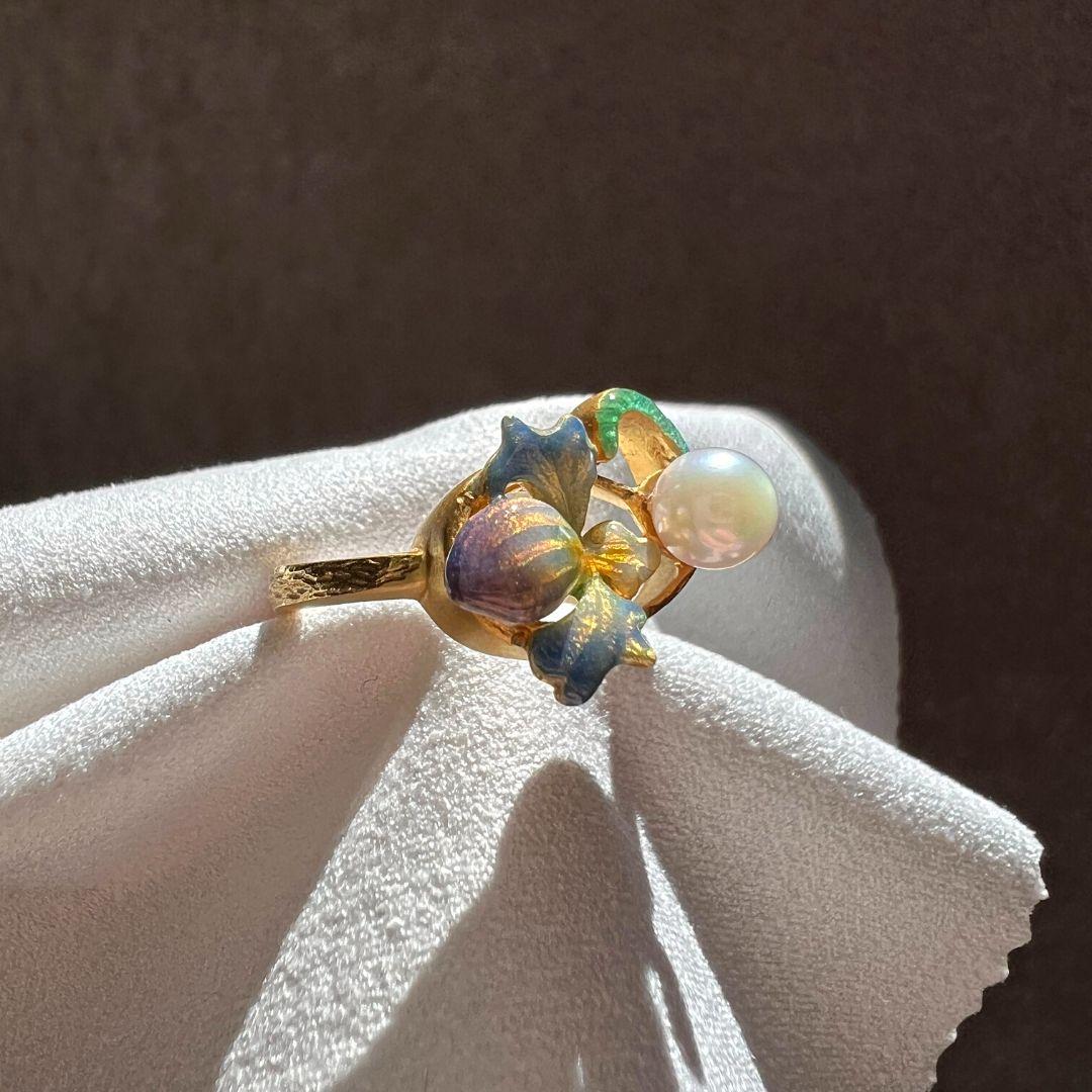 Masriera 18K Yellow Gold Diamond Pearl Ring For Sale at 1stDibs