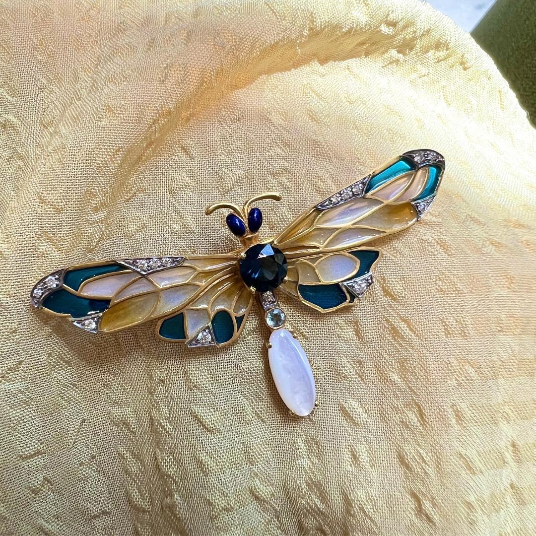Masriera 18k Yellow Gold Sapphire Dragonfly Pendant Brooch For Sale at ...