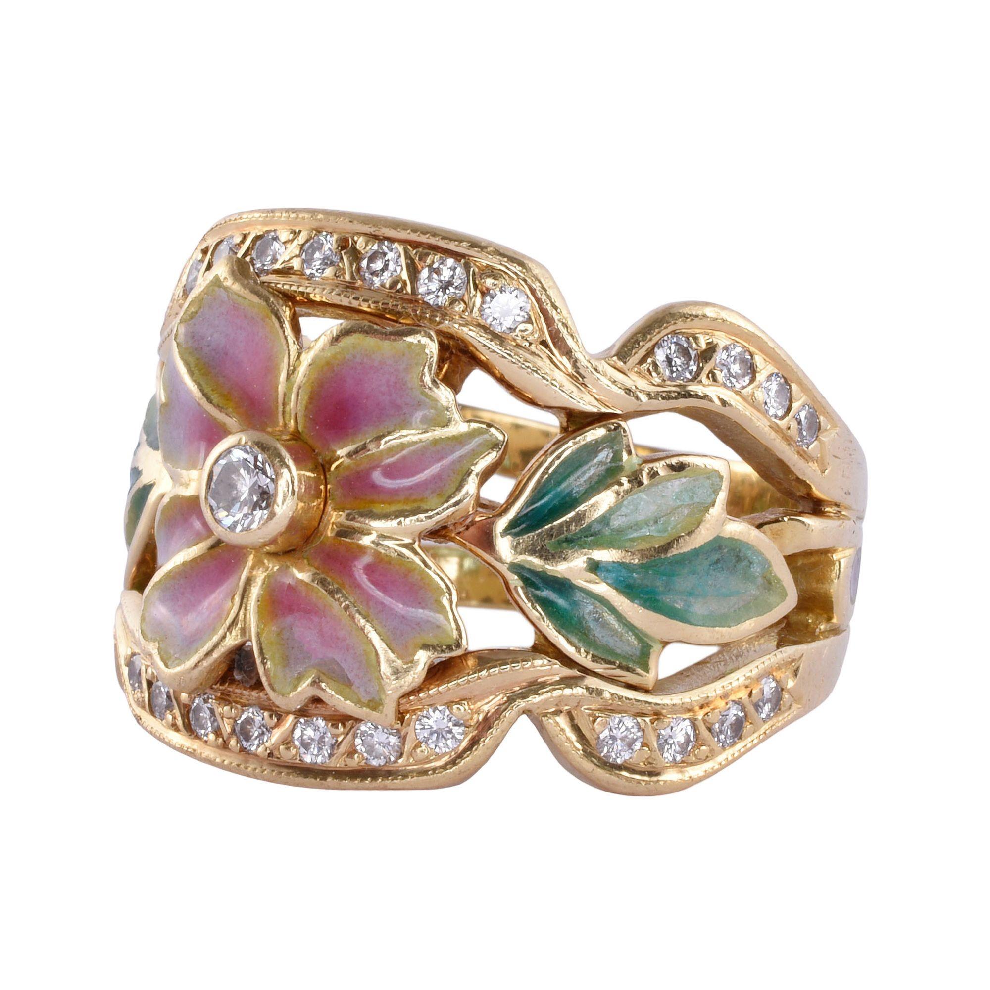 Masriera Signed Enamel Flower and Diamond 18k Ring For Sale at 1stDibs