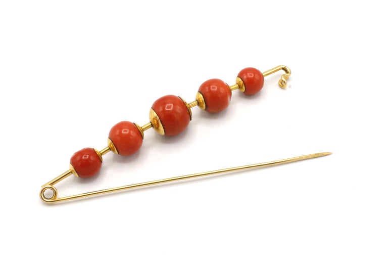 Massive 18 Karat Yellow Gold Red Coral Bead Safety Pin Brooch For Sale ...