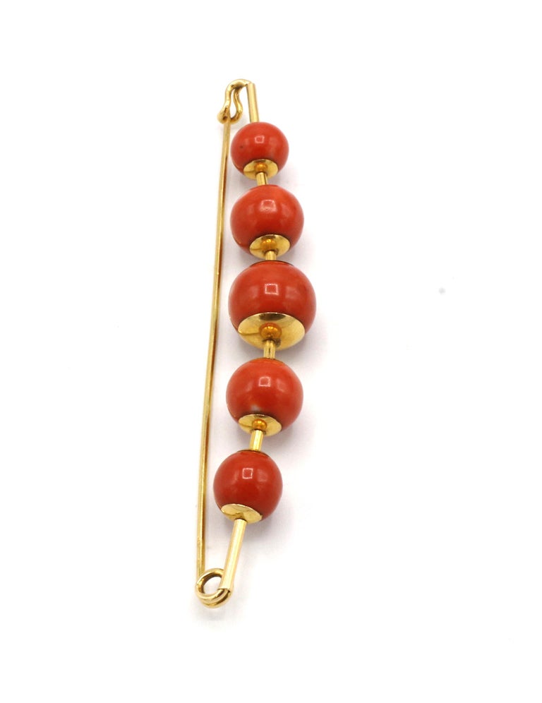 Massive 18 Karat Yellow Gold Red Coral Bead Safety Pin Brooch For Sale ...