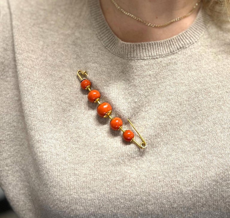 Massive 18 Karat Yellow Gold Red Coral Bead Safety Pin Brooch For Sale ...