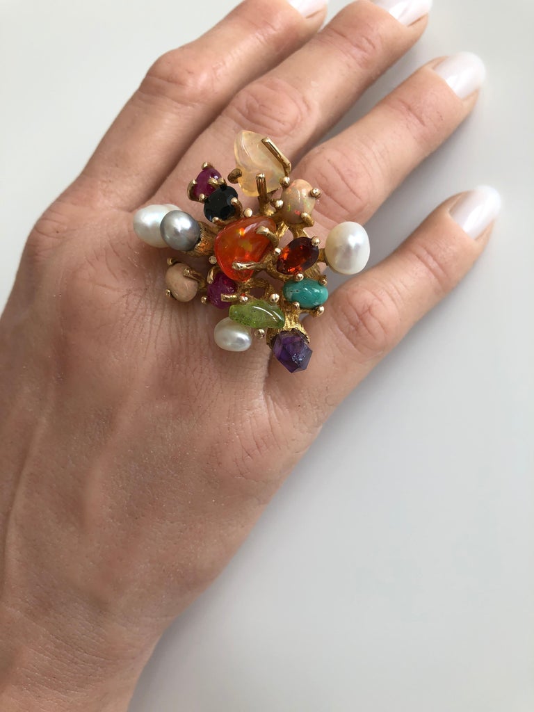 Massive 1970s Virgilio of Taxco Modernist Gemstone Cocktail Ring at 1stDibs
