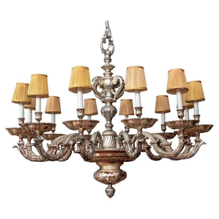 Massive Baroque Style Silvertone Ten Light Chandelier For Sale at 1stDibs