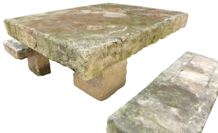 Massive Cast Stone Slab Outdoor Table and Bench Set at 1stDibs | stone ...