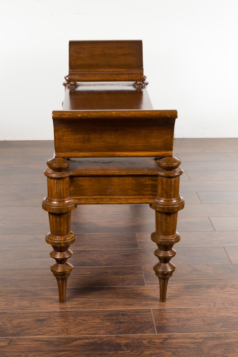 Massive English Mahogany Bench with Curving Arm Supports and Turned ...