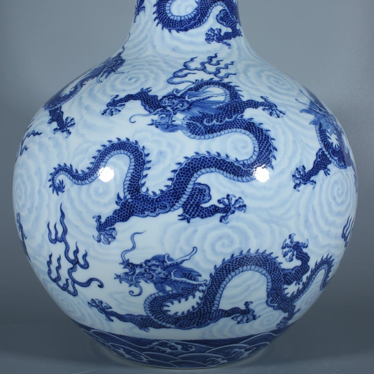 Massive Handmade Chinese Blue White Dragons Porcelain Vase For Sale at ...
