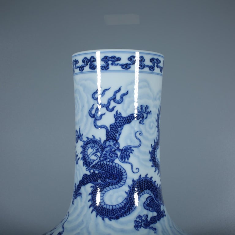 Massive Handmade Chinese Blue White Dragons Porcelain Vase For Sale at ...