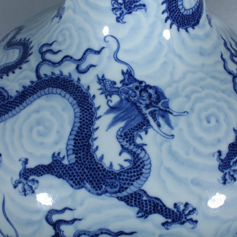 Massive Handmade Chinese Blue White Dragons Porcelain Vase For Sale at ...