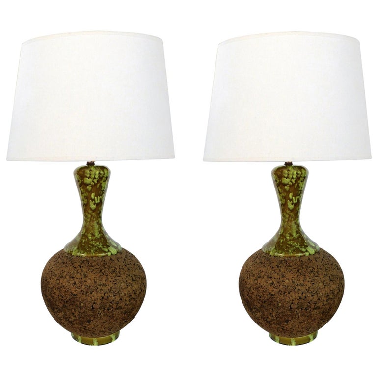 Massive Pair of American 1960s Lamps with Mottled Olive-Green Ceramic ...