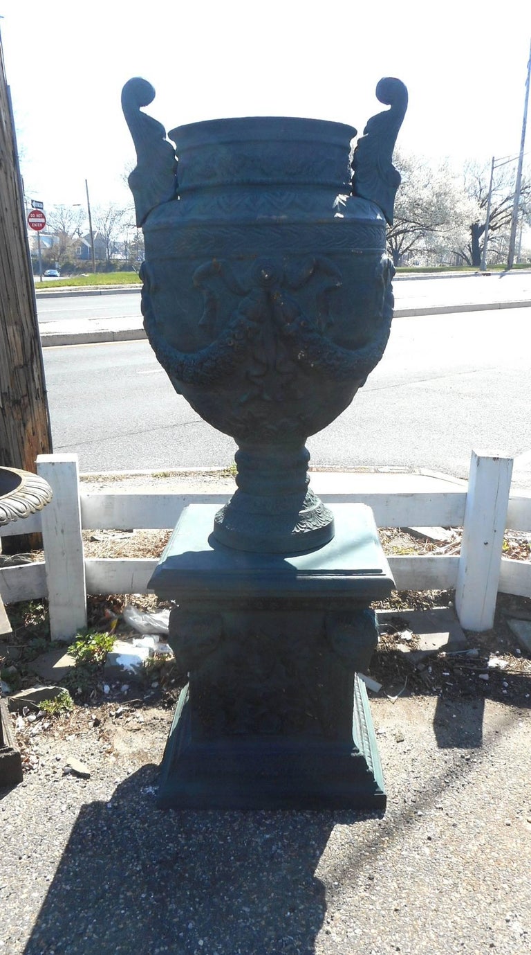 Massive Pair of Cast Iron Urns on Pedestal Bases For Sale at 1stDibs