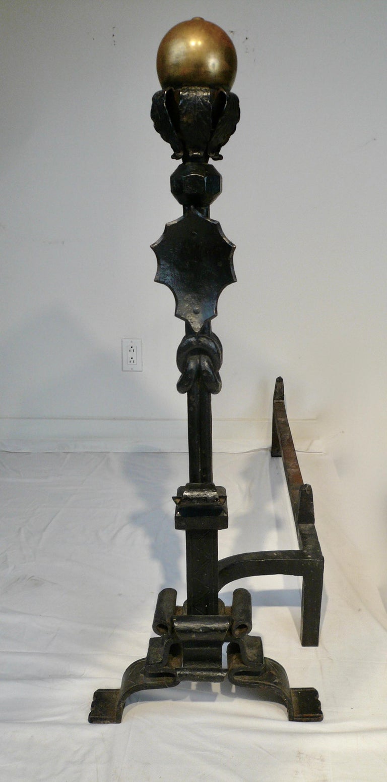 Massive Pair Wrought Iron and Brass Andirons Attributed to Samuel ...