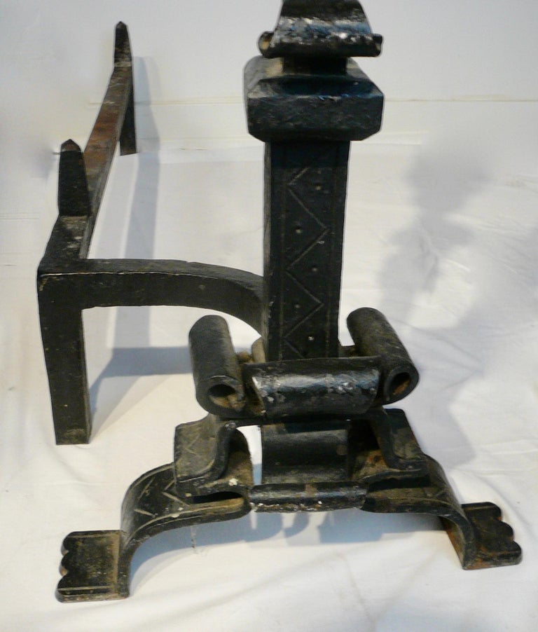 Massive Pair Wrought Iron and Brass Andirons Attributed to Samuel ...
