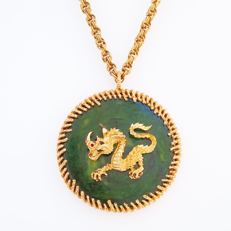 Massive Runway Jade Resin Dragon Pendant Necklace By Panetta, 1970s For ...