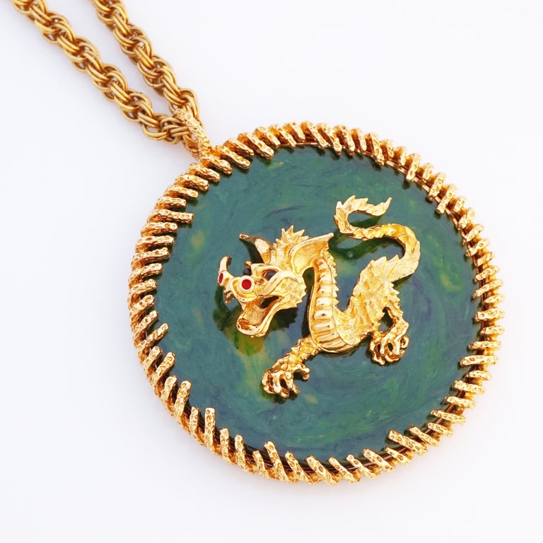 Massive Runway Jade Resin Dragon Pendant Necklace By Panetta, 1970s For ...