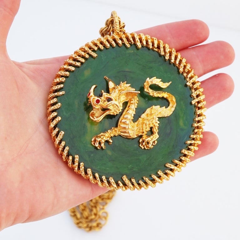 Massive Runway Jade Resin Dragon Pendant Necklace By Panetta, 1970s For ...