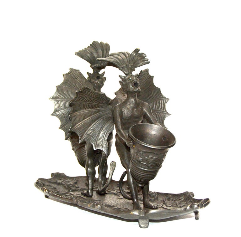 Massive Vienna Bronze Double Devil Figure Match Holder with Tray For ...