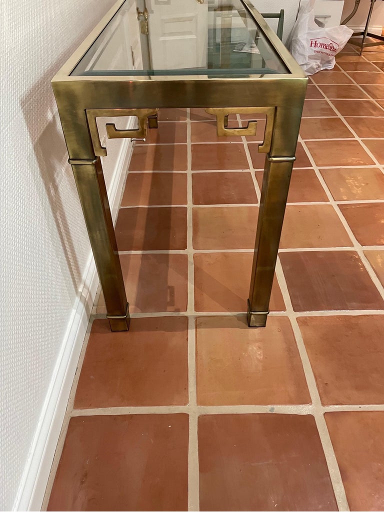 Mastercraft Greek Key Brass and Glass Console Table For Sale at 1stDibs