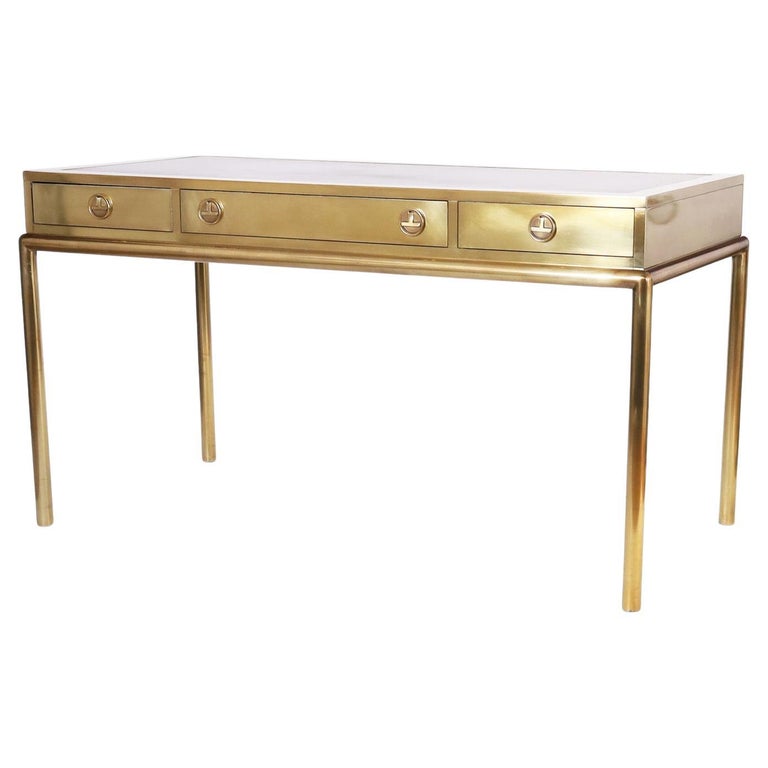 Mastercraft Midcentury Leather Top Brass Desk For Sale at 1stDibs