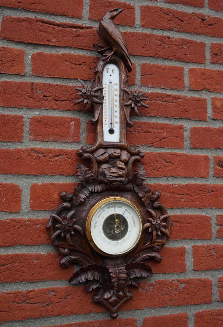 Masterly Carved Black Forest Wall Barometer with Fern Plants and Eagle ...