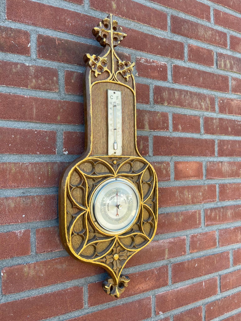 Masterly Carved Gothic Revival Oak Wall Barometer and Thermometer ...