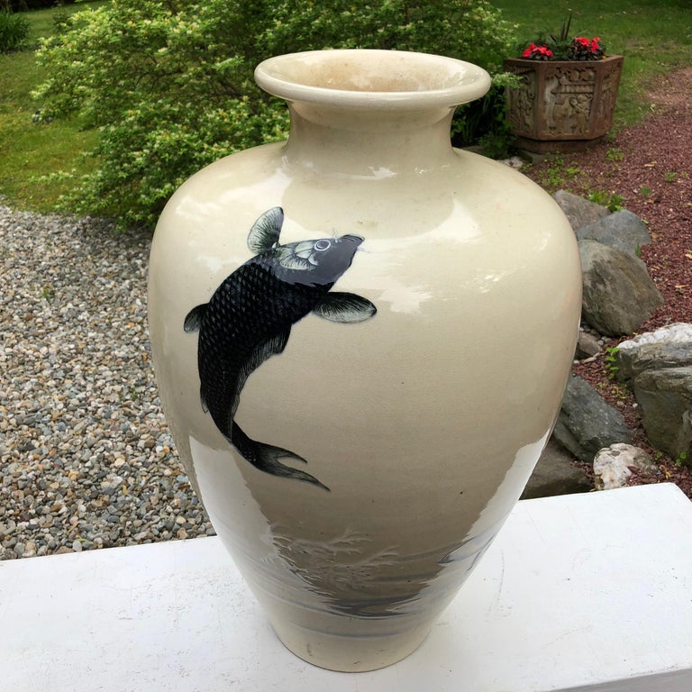 Japanese Antique "Triple Koi and Waves" Blue Vase at 1stDibs