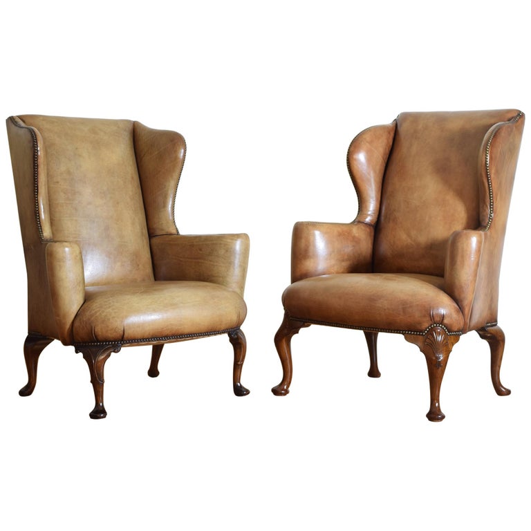 Matched Pair of George II Style Walnut Leather Upholstered Wing Chairs ...