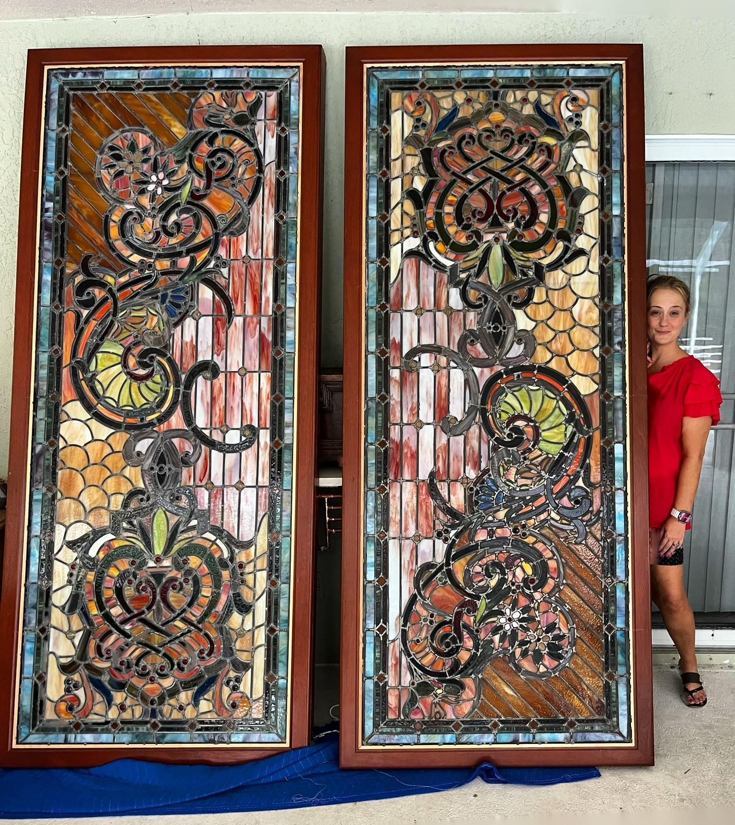Matched Pair of Large Lighted Stained Glass Windows, 98 Inches. For ...