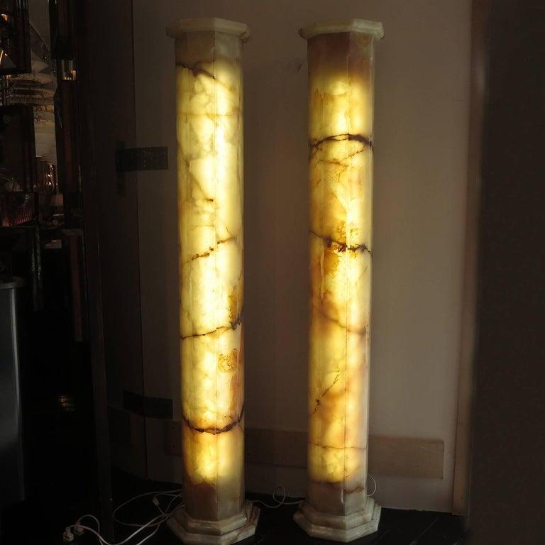 Matched Pair of Lighted Onyx Column Lamps at 1stDibs