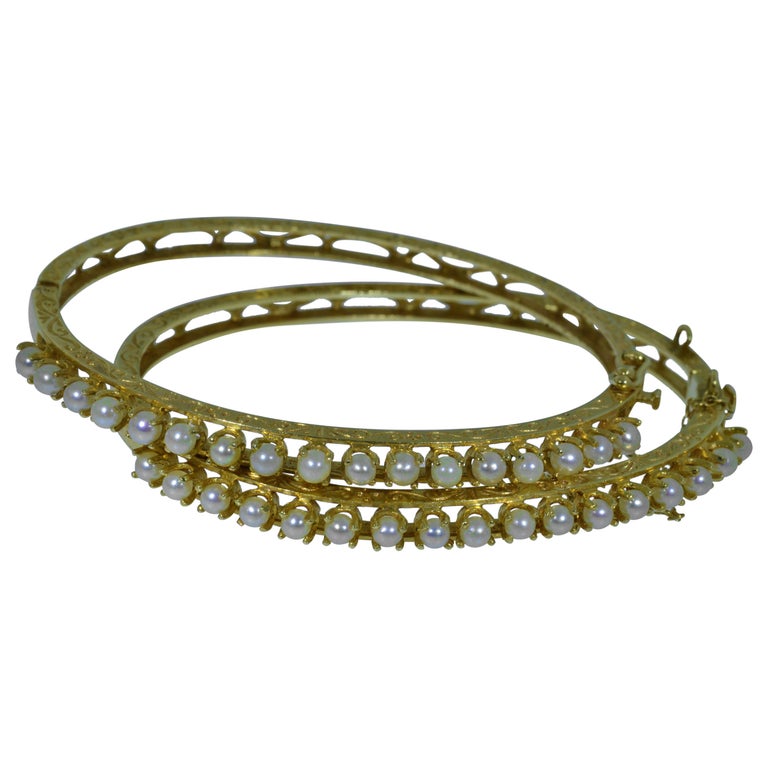 Matched Pair of Pearl Bangles in 14 Karat Yellow Gold Engagement ...