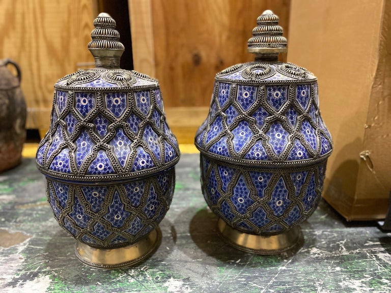Matched Set of Blue Moroccan Vases with Tops, Late 20th Century For ...