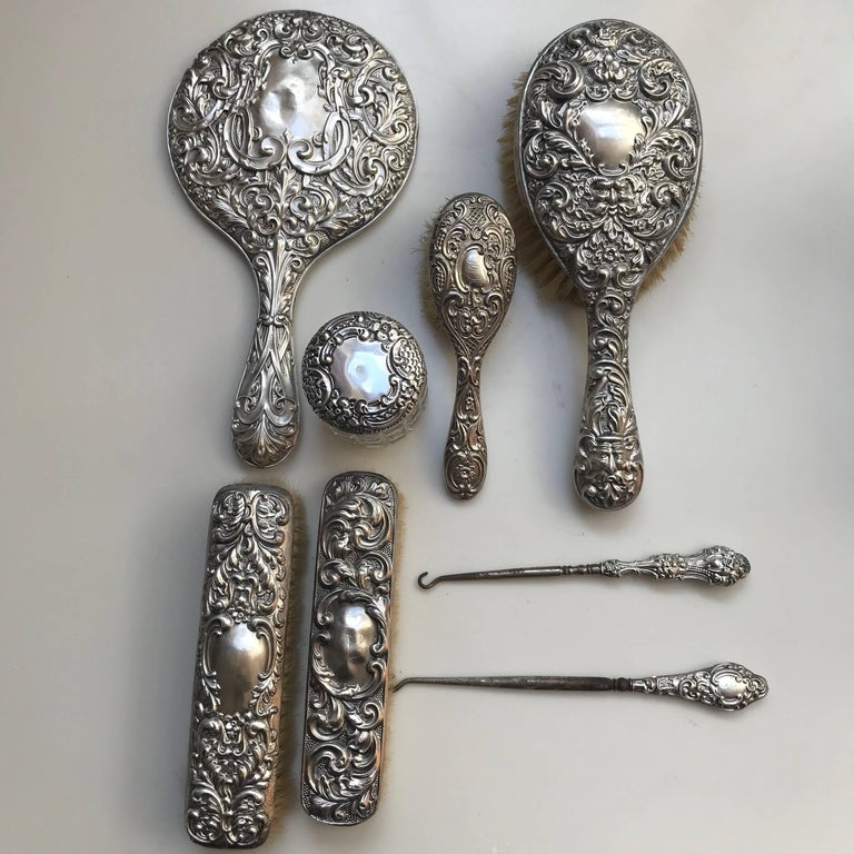 Matched Silver Backed Dressing Table Set For Sale at 1stDibs