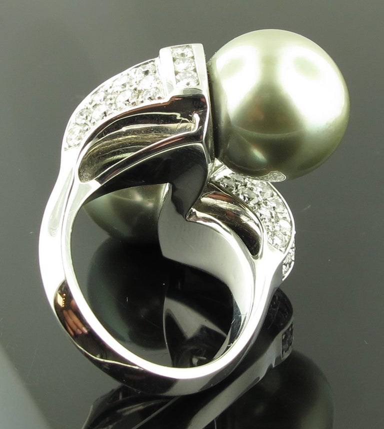 Matched Tahitian Pearl and Diamond Cross-Over Ring in 18 karat white ...