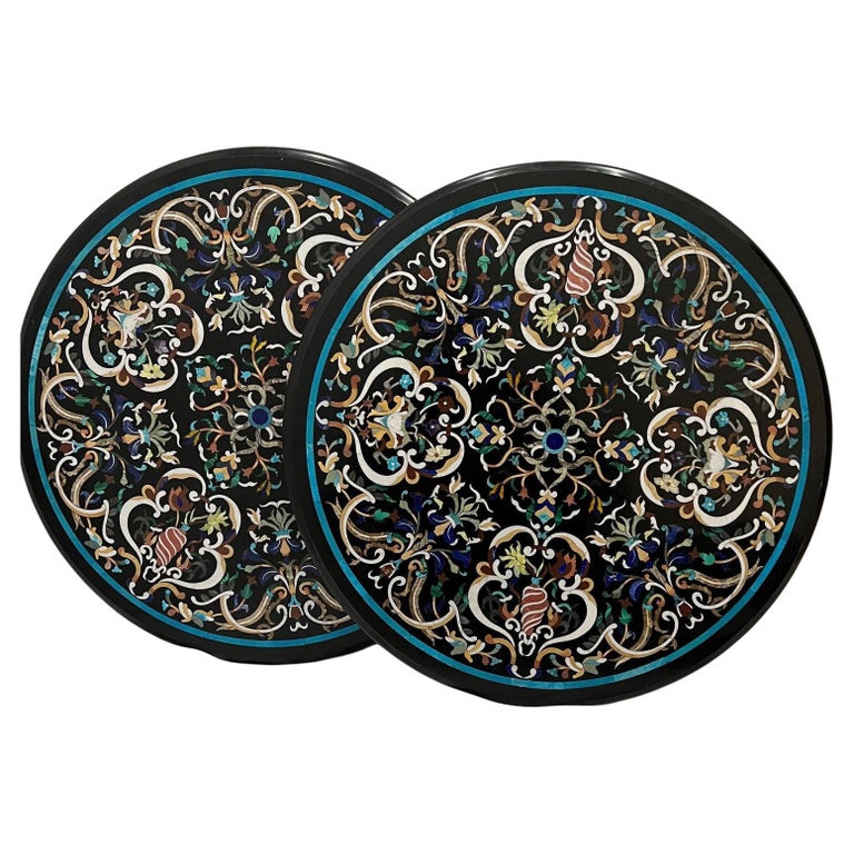 Matching Pair of Petra Dura Table Tops Inlaid with Semi-Precious Stones ...