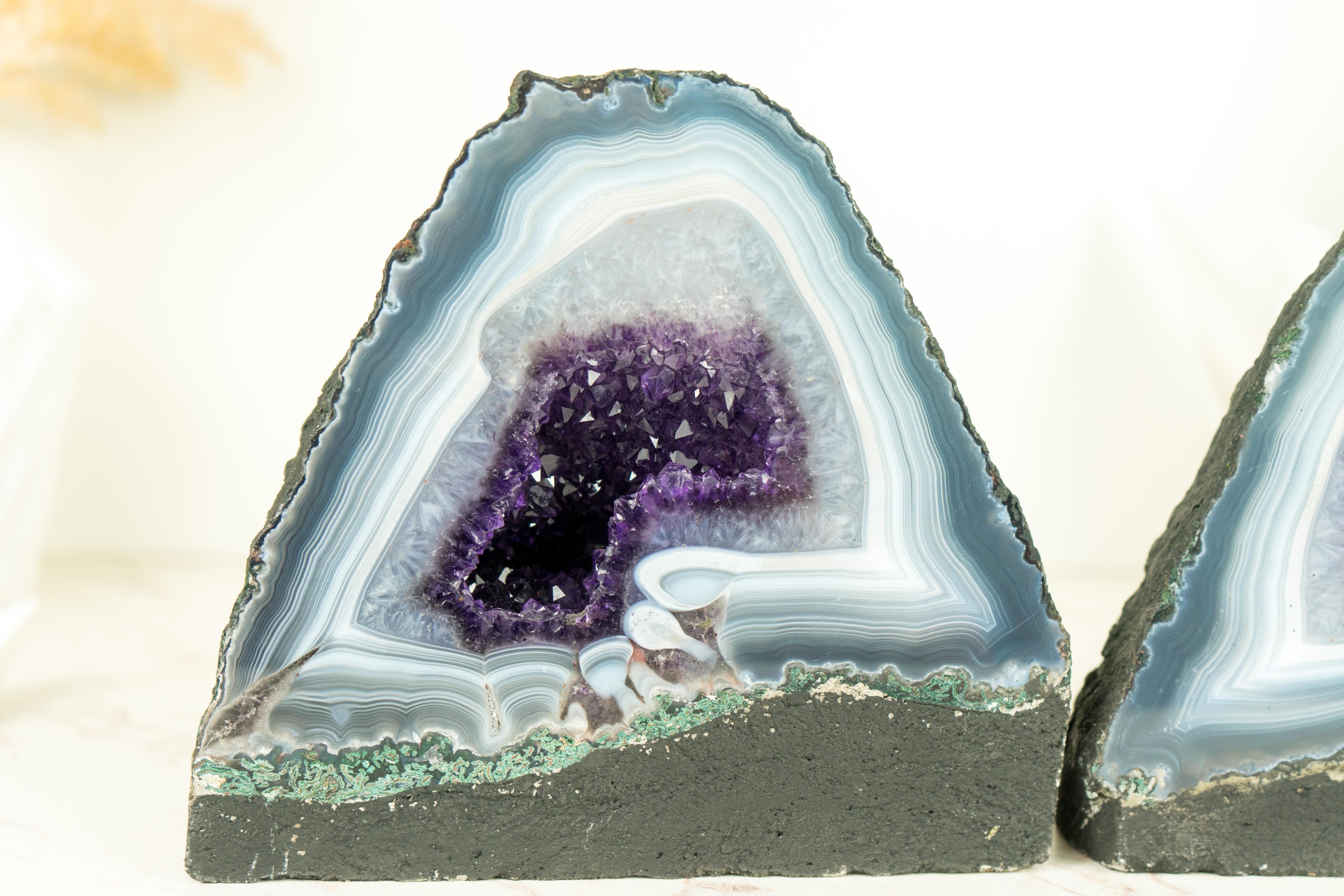 Matching Pair of Small Lace Agate Cathedrals with Deep Purple Crystal ...