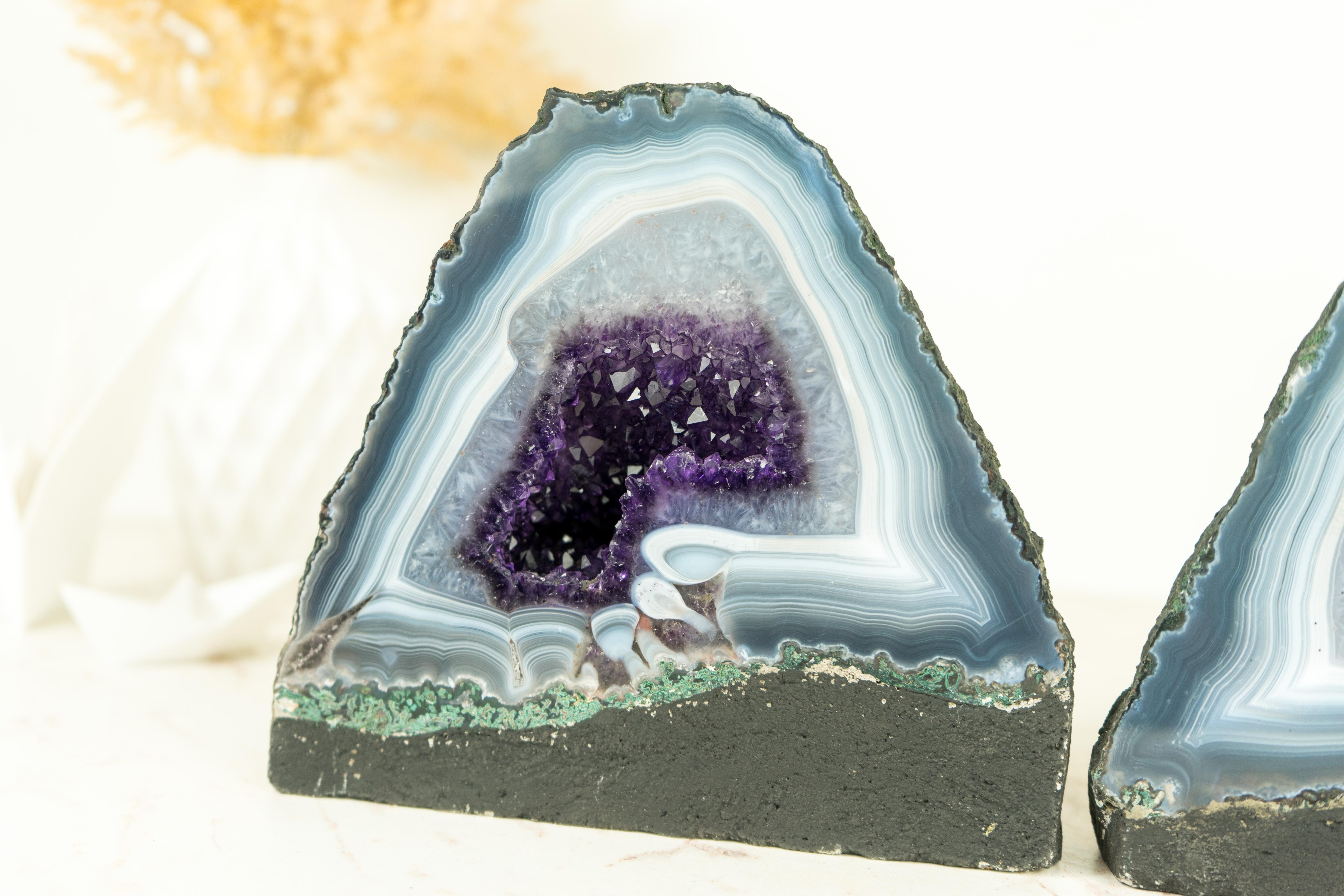 Matching Pair of Small Lace Agate Cathedrals with Deep Purple Crystal ...