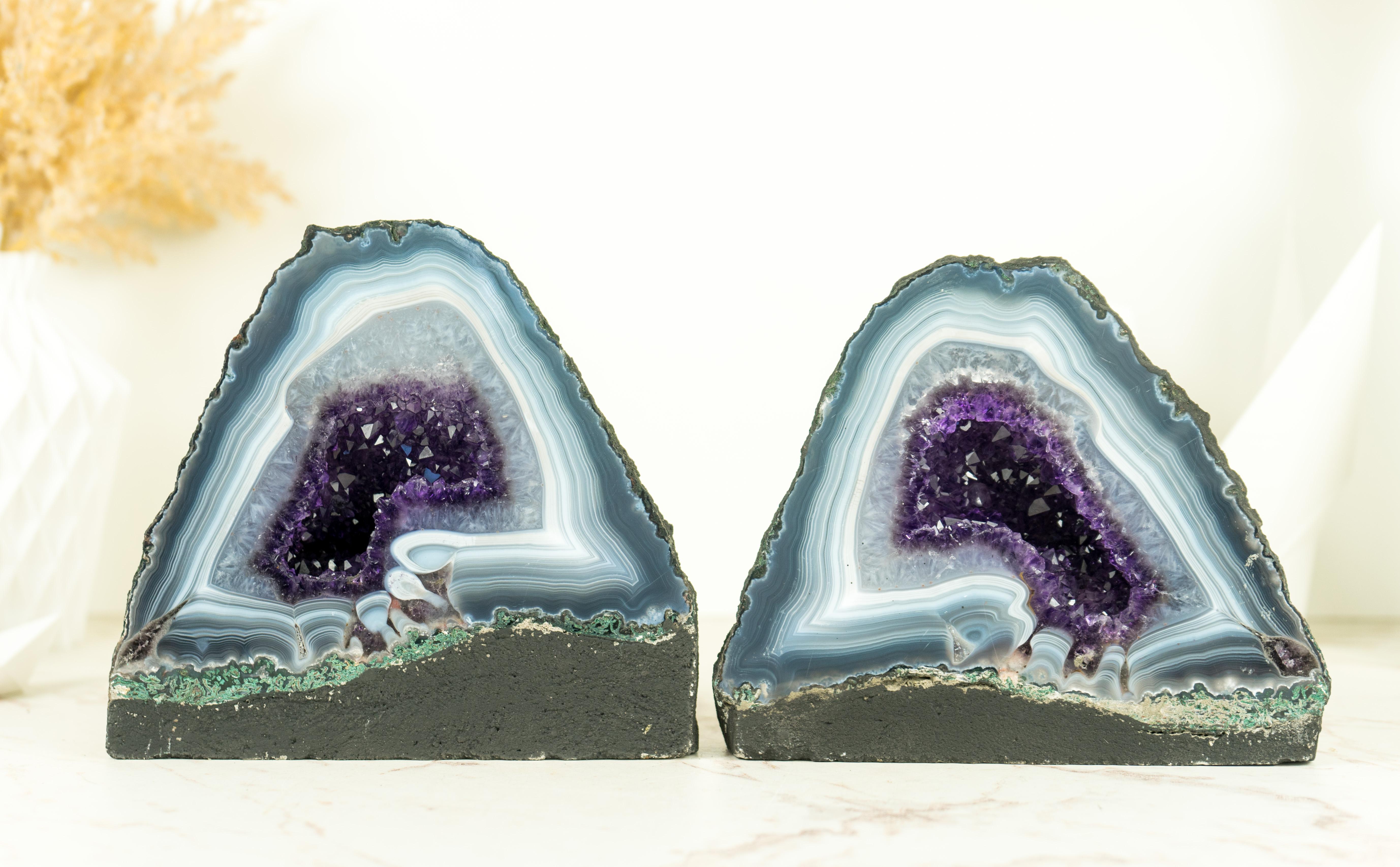Matching Pair of Small Lace Agate Cathedrals with Deep Purple Crystal ...