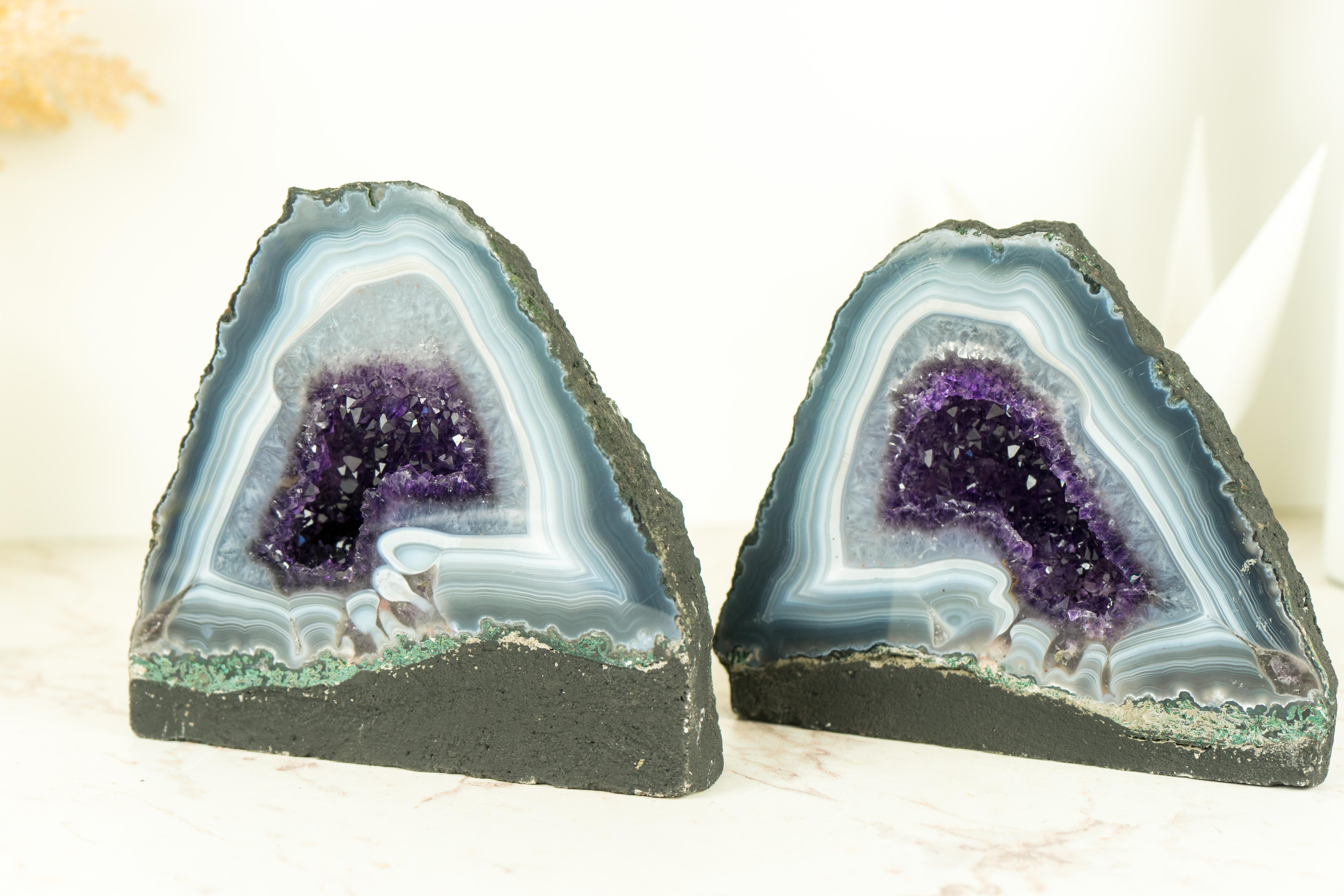 Matching Pair of Small Lace Agate Cathedrals with Deep Purple Crystal ...