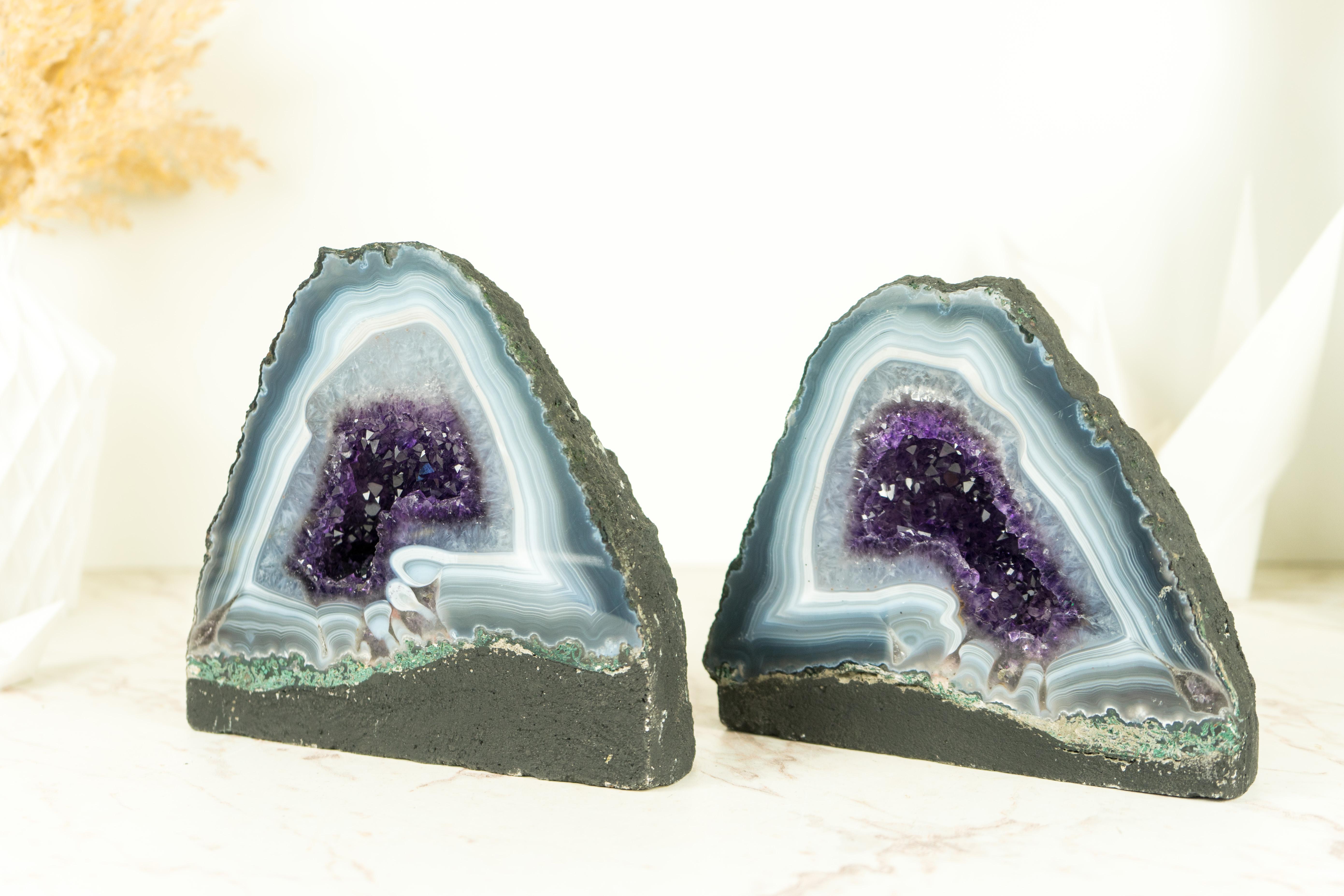 Matching Pair of Small Lace Agate Cathedrals with Deep Purple Crystal ...