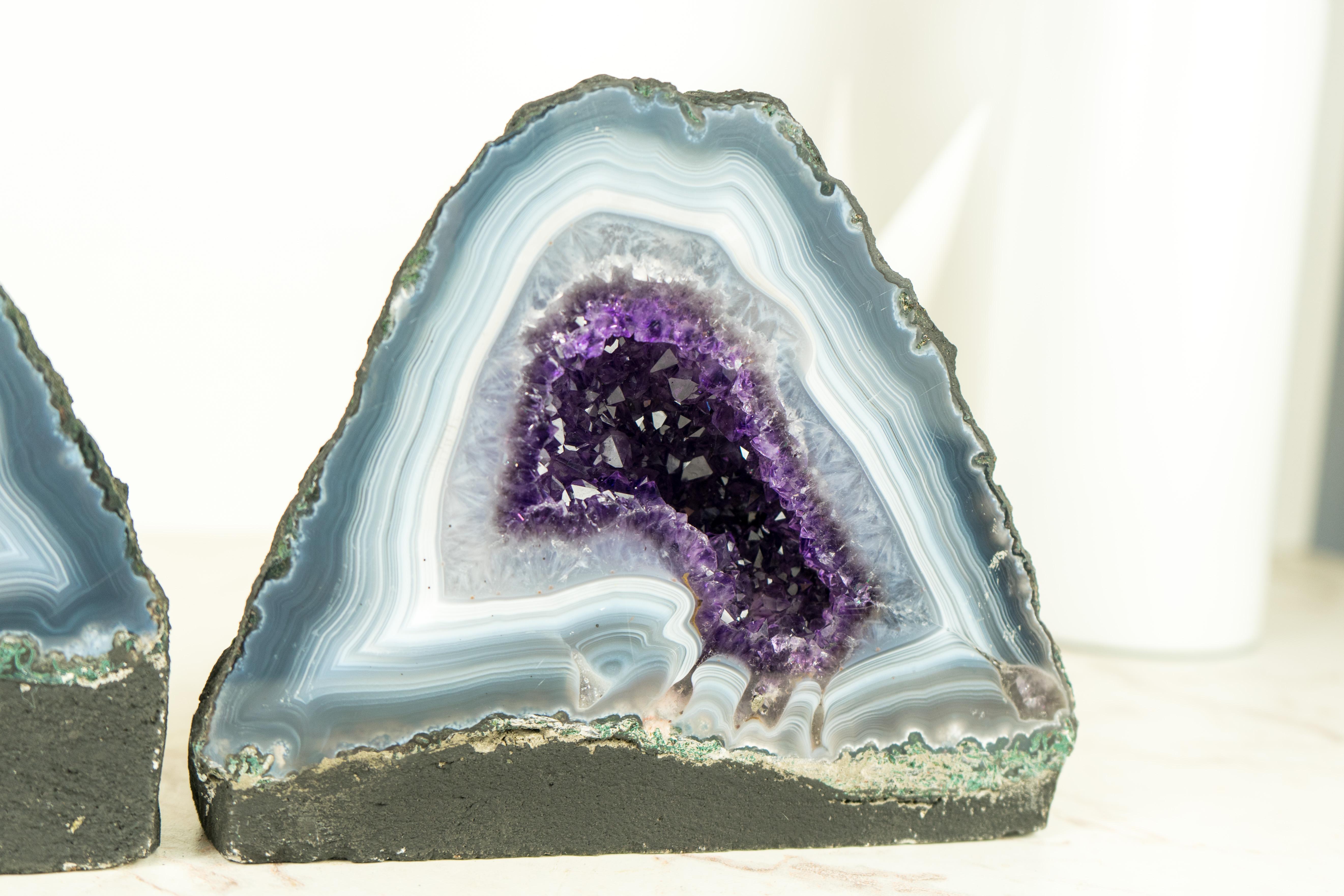 Matching Pair of Small Lace Agate Cathedrals with Deep Purple Crystal ...