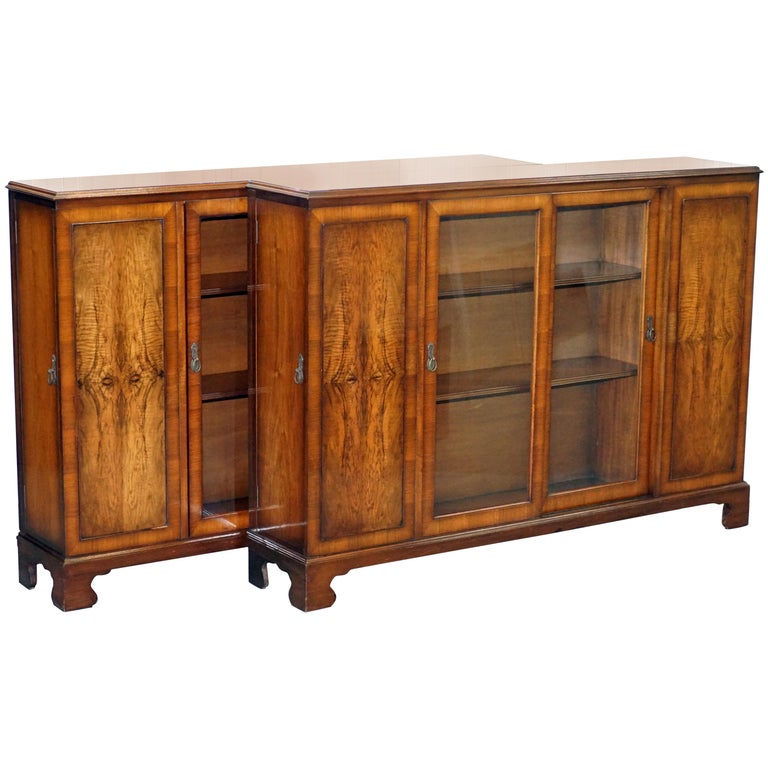 Matching Pair of Stunning Figured Walnut Sideboard Bookcases with Side ...