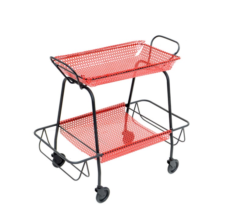 Mathieu Matégot Black and Red Finish Bar Cart on Casters French Mid ...