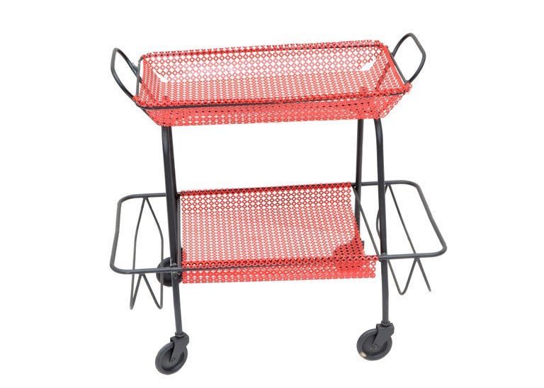 Mathieu Matégot Black and Red Finish Bar Cart on Casters French Mid ...