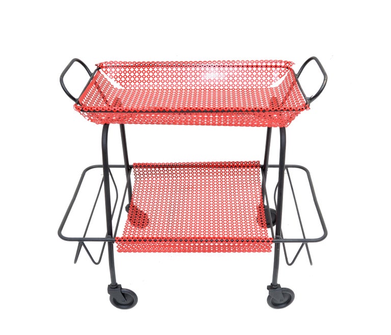 Mathieu Matégot Black and Red Finish Bar Cart on Casters French Mid ...