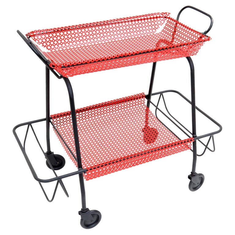 Mathieu Matégot Black and Red Finish Bar Cart on Casters French Mid ...