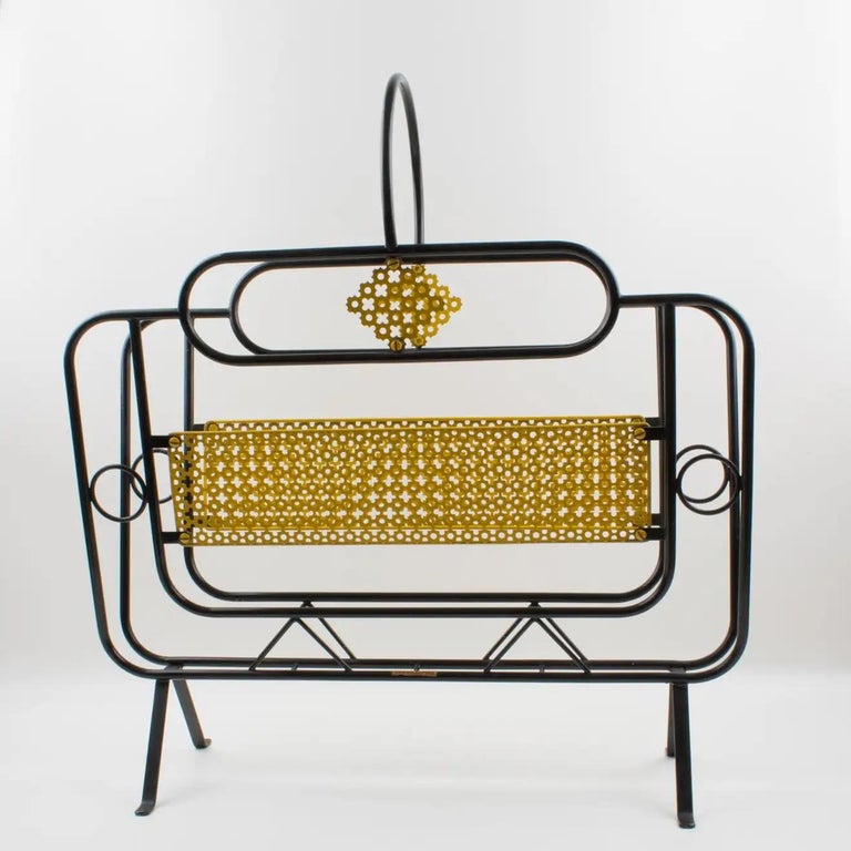 Mathieu Matégot Style Magazine Holder Rack Yellow and Black Metal For ...