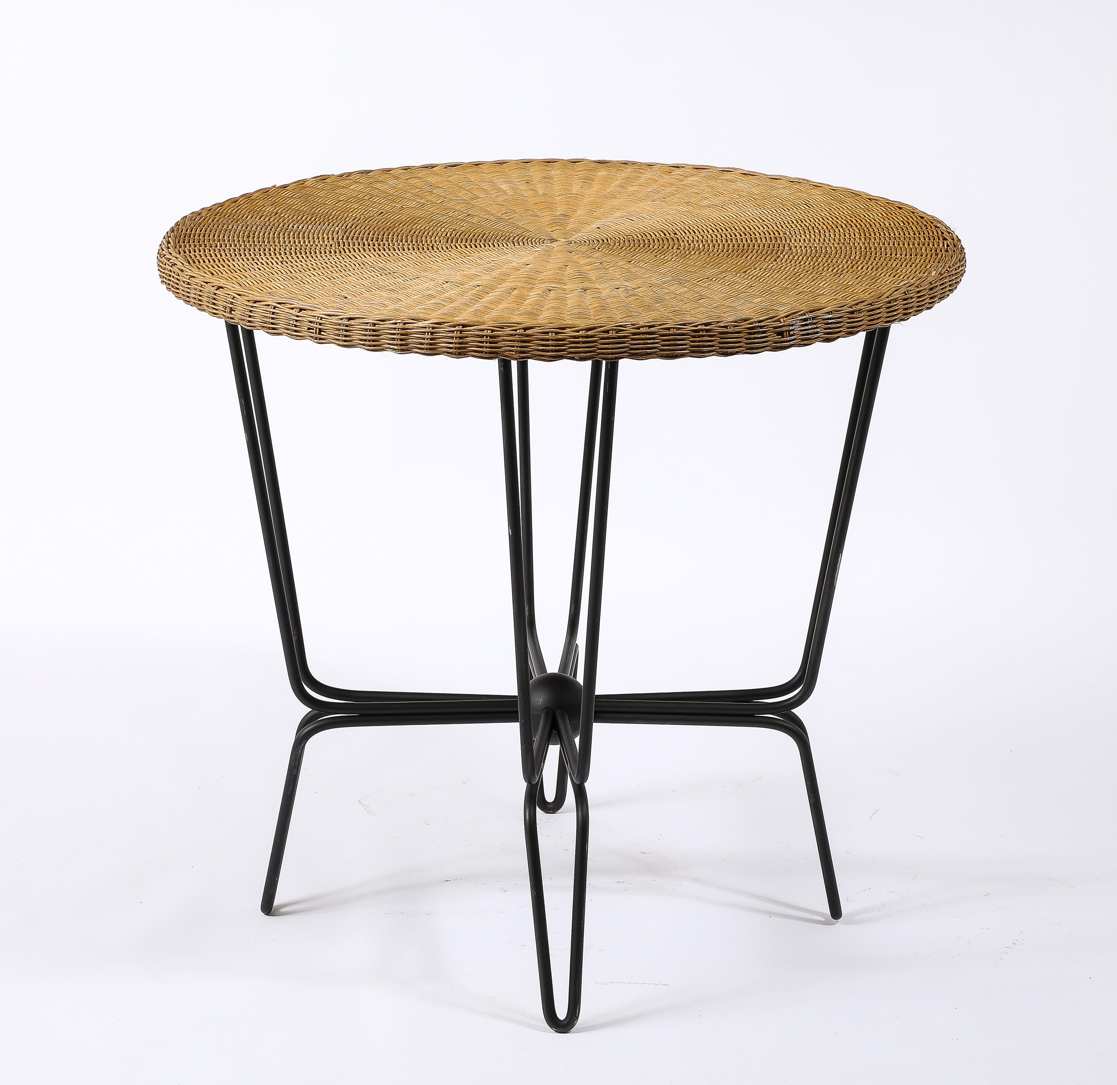 Mathieu Mategot Wrought Iron and Wicker Table, France 1950's at 1stDibs